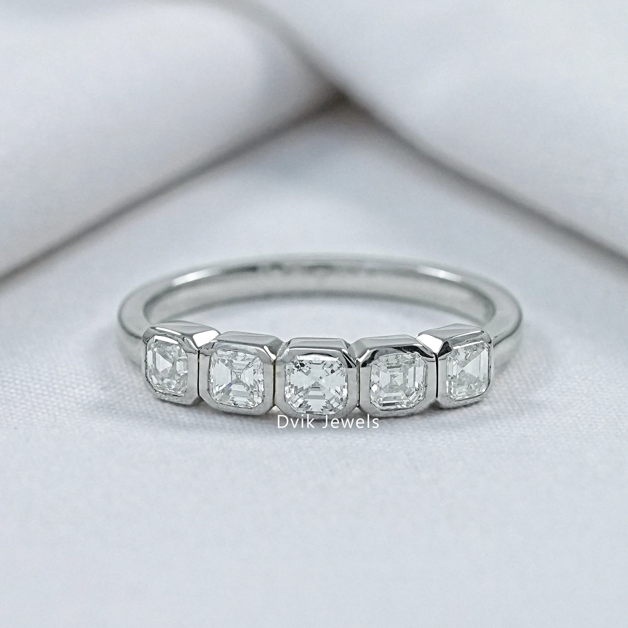 Asscher Cut Five Stone Diamond Ring with Bezel Setting – Dvik Jewels